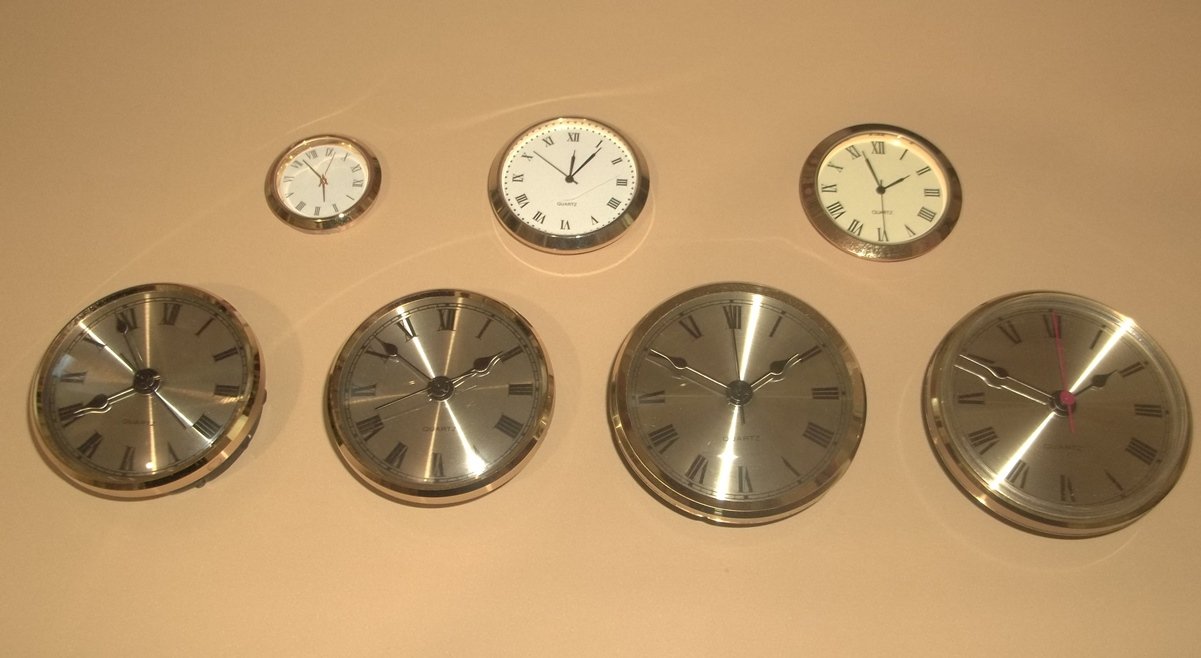 7 Pc Set Clock Inserts/Fitups With White, Ivory Dials and Spun Brass ...