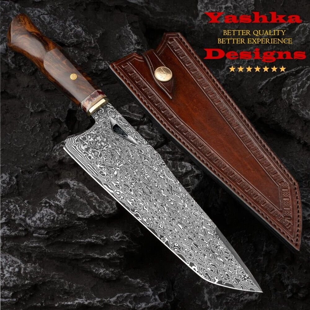 Handmade Chef Knife Damascus Steel Custom Kitchen Knives Leather ...
