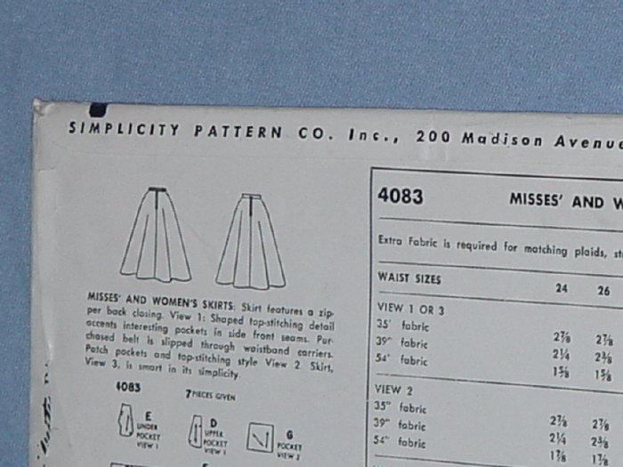 Simplicity Sewing Pattern 4083 Skirt 40s 50s Vintage gore skirt Waist ...