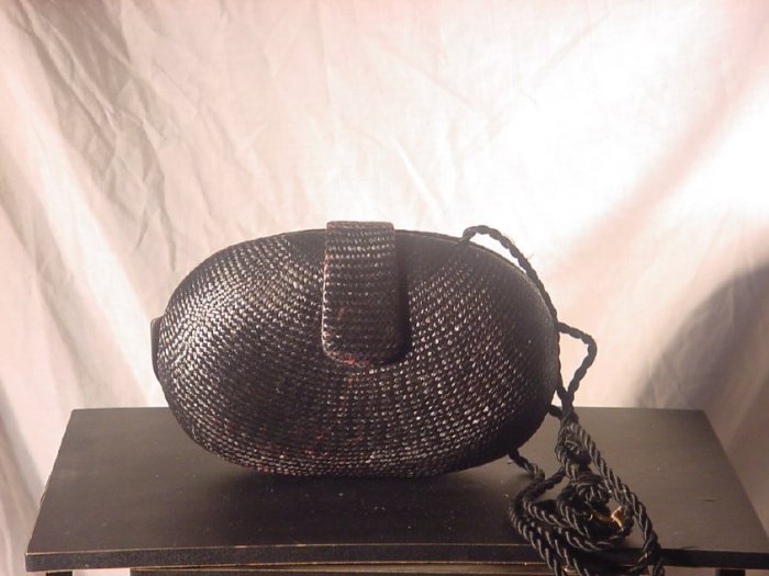 Vintage Round Egg Shape Purse black woven exterior hard outer shell No. 95