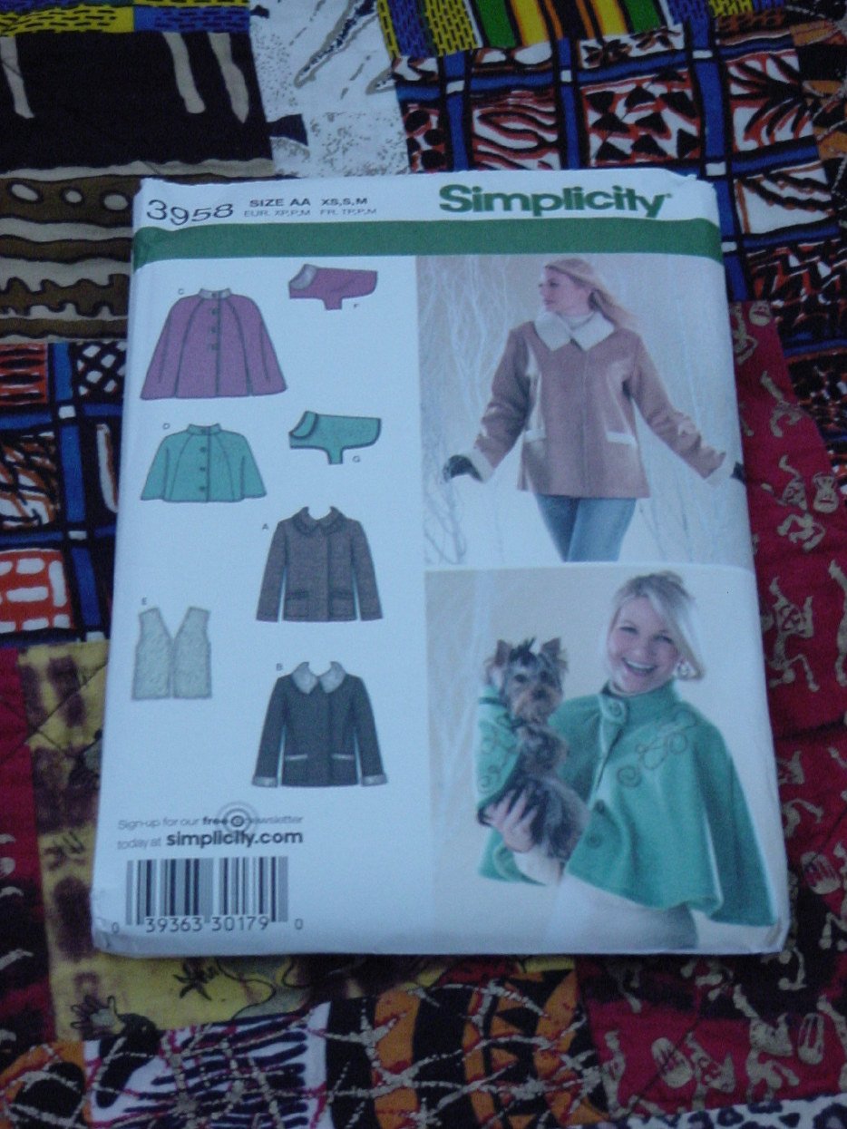 Simplicity 3958 Jacket Capelet Vest Dog Coat Sewing Pattern Size AA XS ...