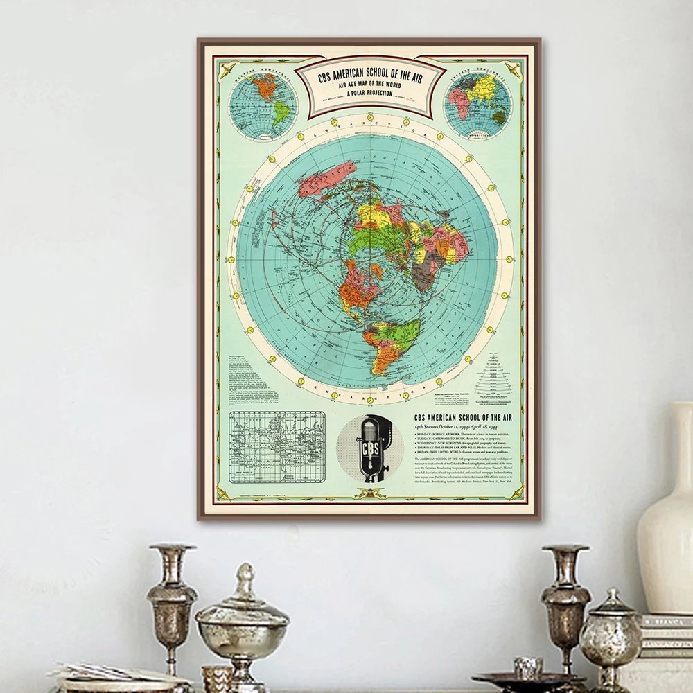 Flat Earth Map Canvas XL Poster CBS American School Of The Air 1943 ...
