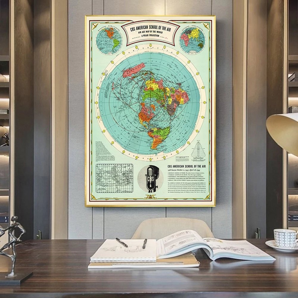 Flat Earth Map Canvas XL Poster CBS American School Of The Air 1943 ...