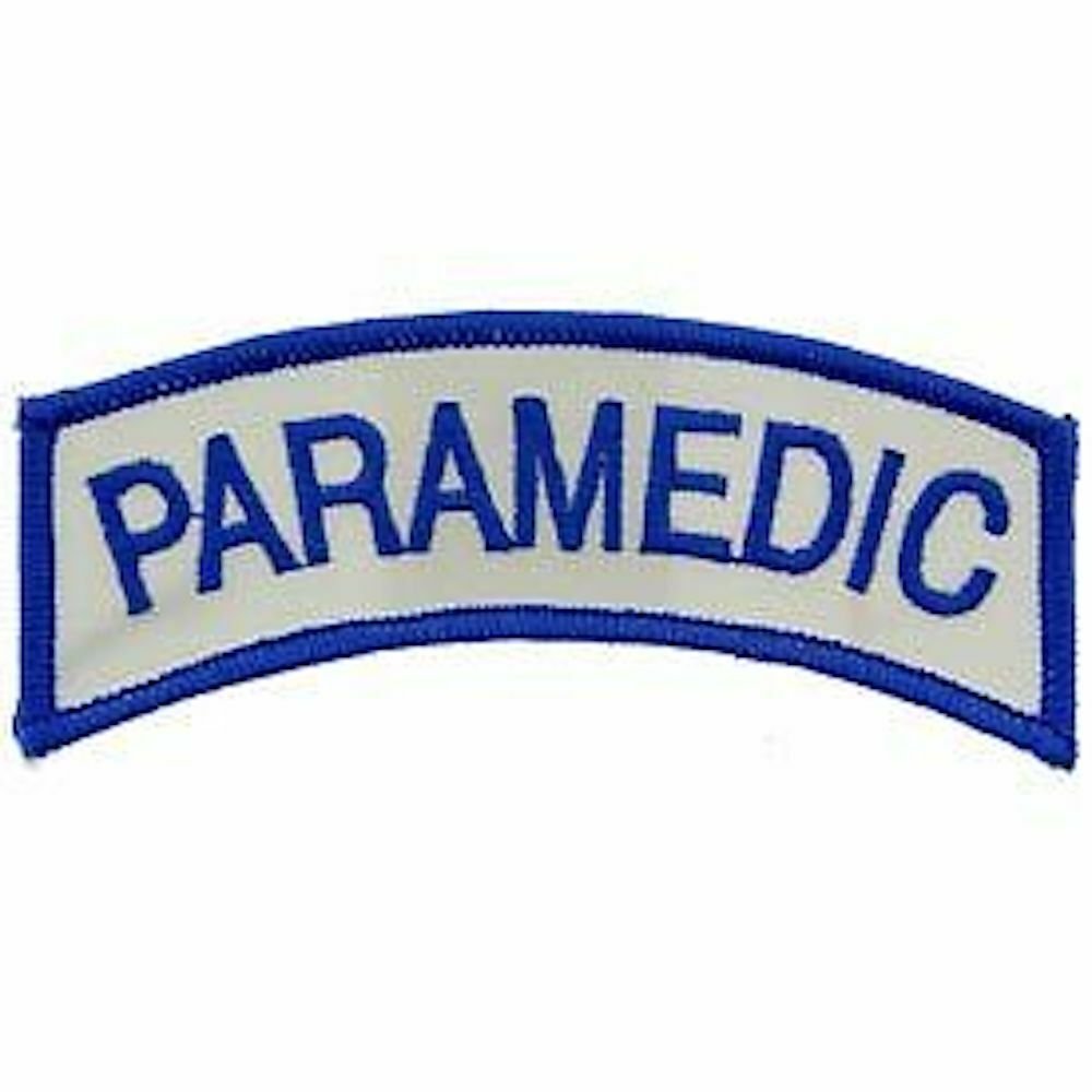 PARAMEDIC FIRE BLUE AND WHITE SHOULDER ROCKER TAB EMBROIDERED PATCH