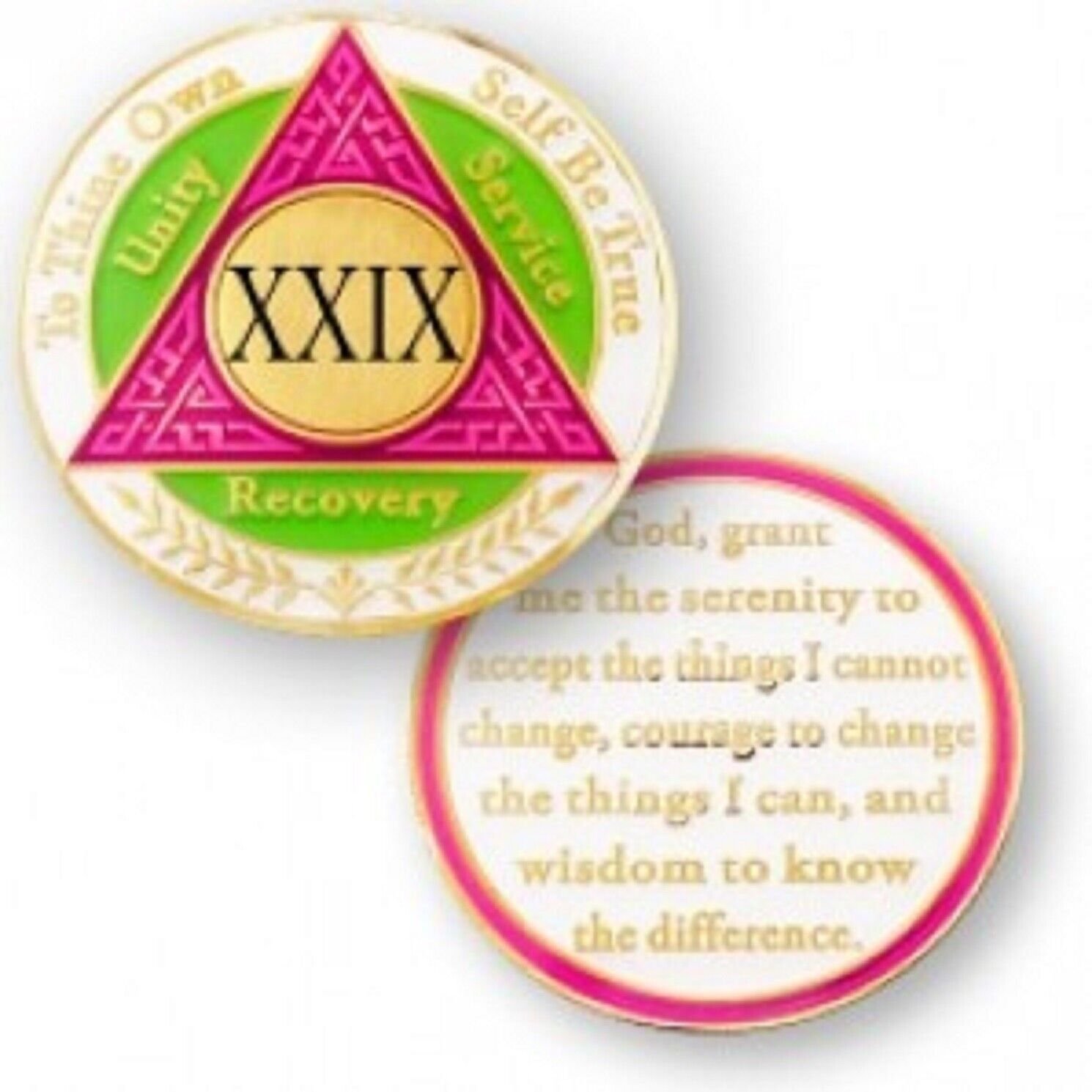 29 YEAR SOBRIETY AA RECOVERY PINK GREEN WHITE 18K GOLD GP CHALLENGE COIN