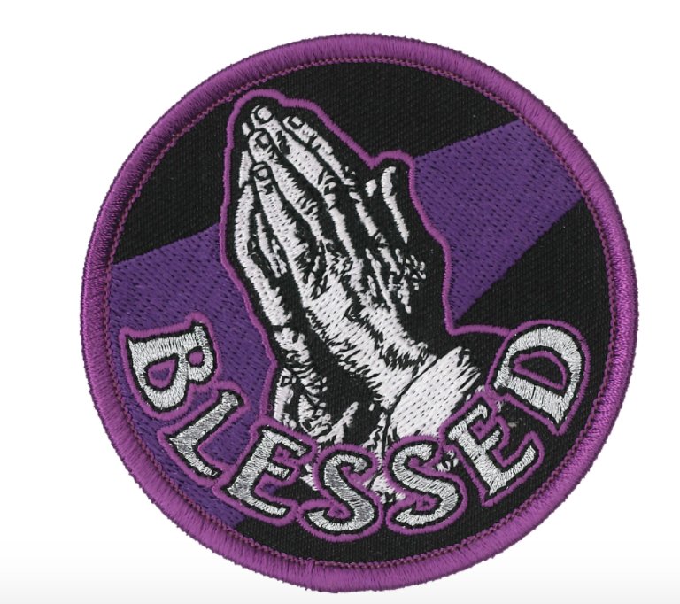 3" BLESSED PRAYING HANDS PURPLE BIKER EMBROIDERED PATCH