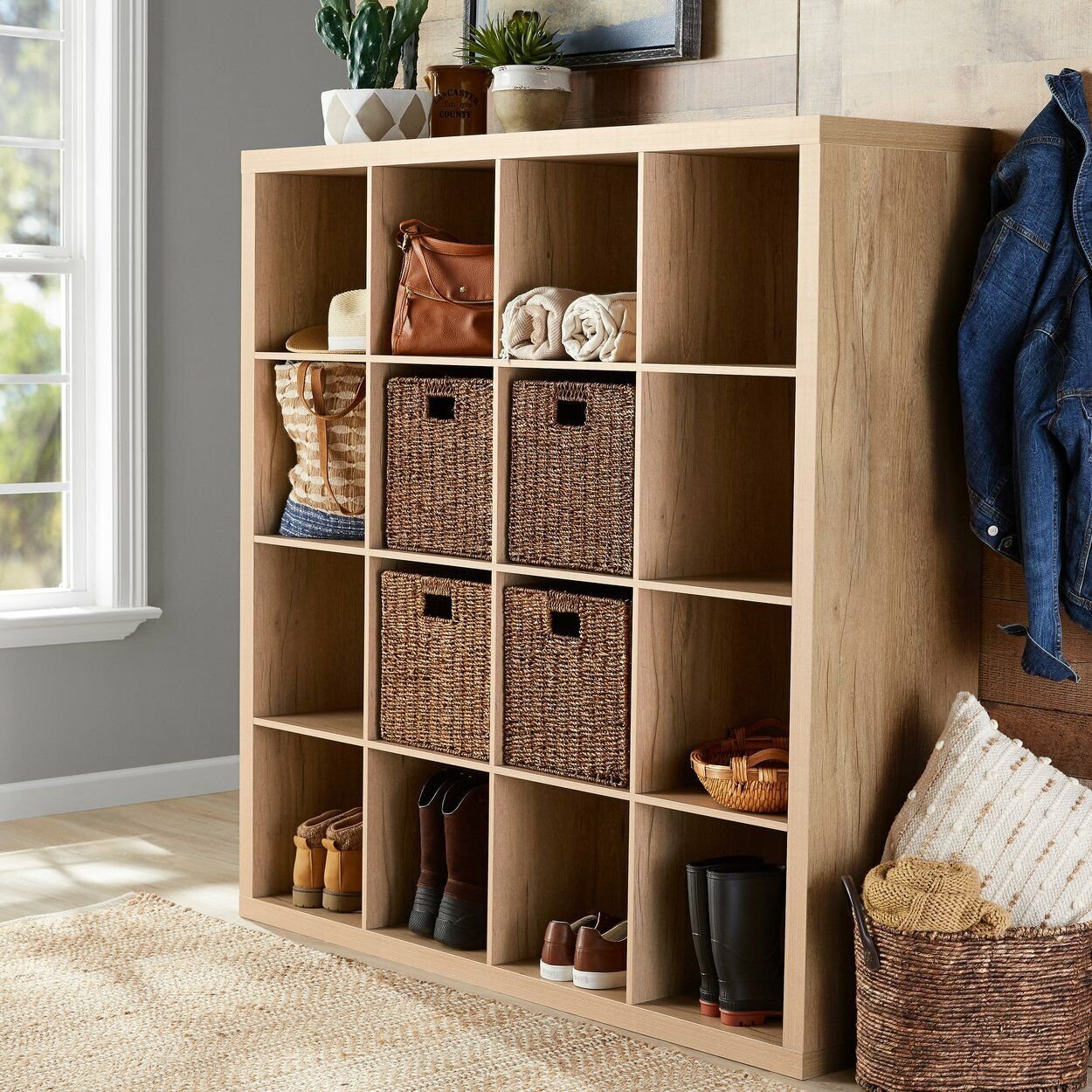 Large 16 Cube Bookcase Storage Shelves Organizer Room Divider, Natural Wood