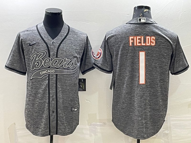Men's Chicago Bears #1 Justin Fields Heather Grey Stitched Baseball Jersey