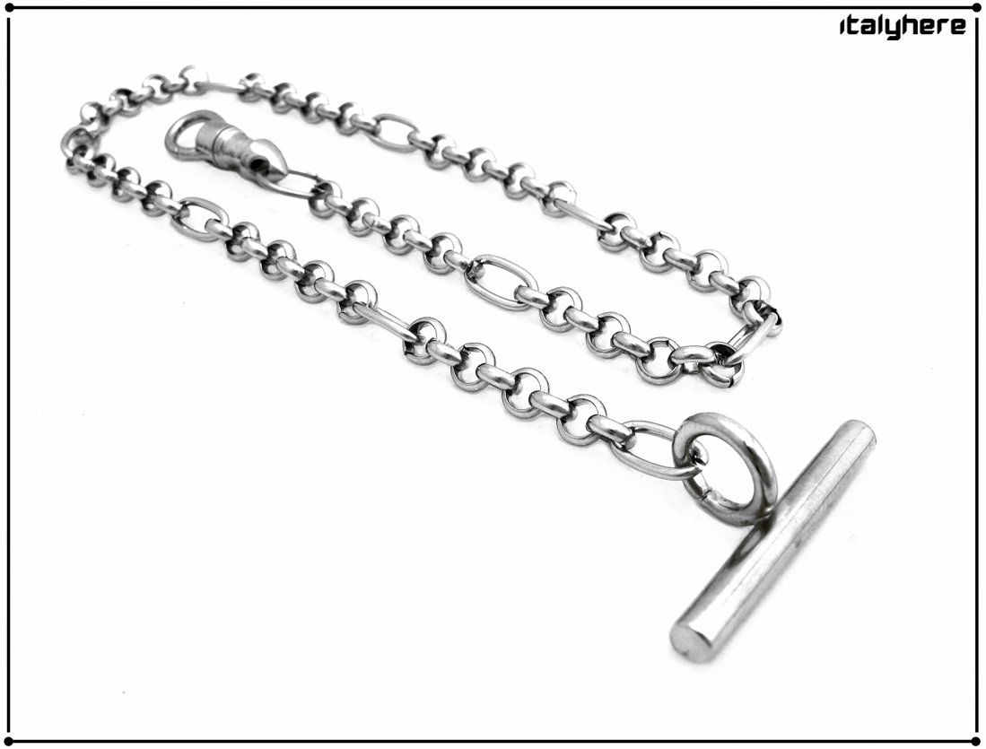Pocket watch chain, roló and clip model, cm.35, stainless steel, with ...