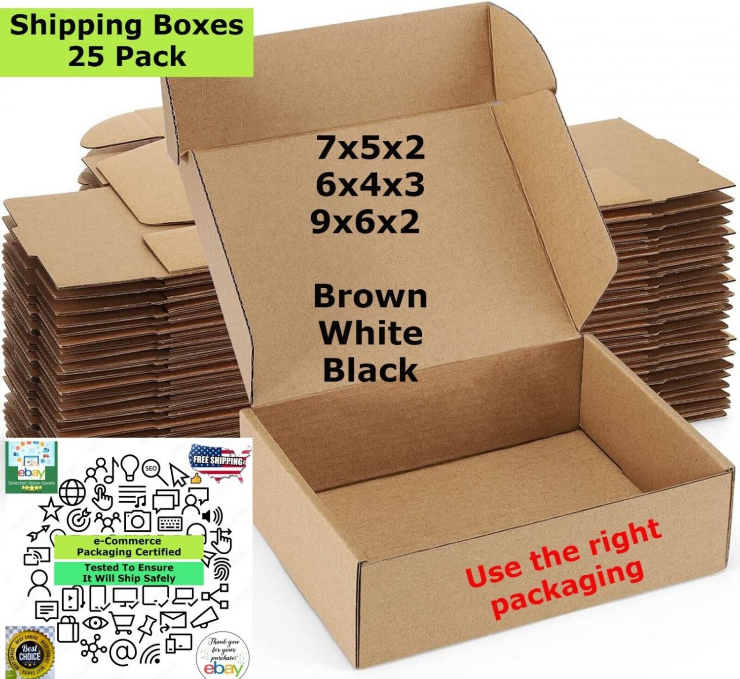 Shipping Boxes 7x5x2, 6x4x3, 9x6x2 Brown, White, Black Small Mailing ...