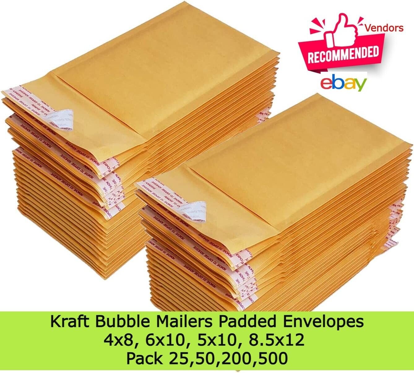 Kraft Bubble Mailers Padded Envelopes 4x8, 6x10, 5x10, 8.5x12 Pack 25 ...