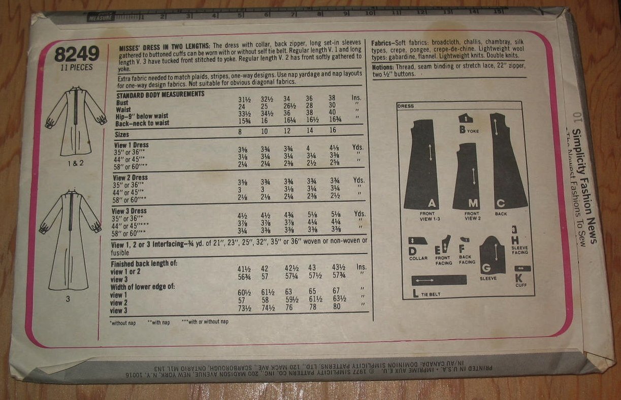Simplicity 8249 Size 12 Uncut Pattern 1977 Long Sleeve Dress 2 Lengths