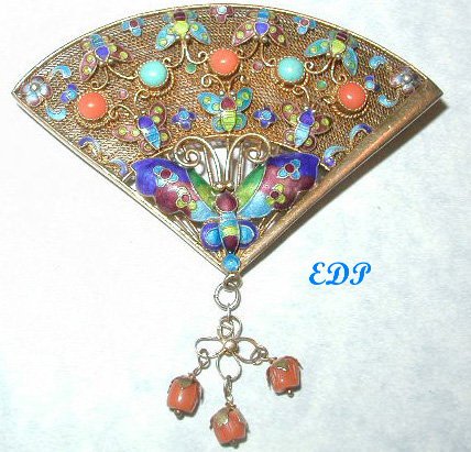 Chinese Enamel FAN Pin Filigree Butterfly Gemstones