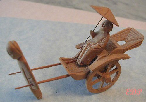 Old Handmade Carved Wood Rickshaw Coolie Umbrella Lady