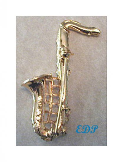 Gold Tone Metal Jeweled Rhinestone Saxophone Pin Brooch