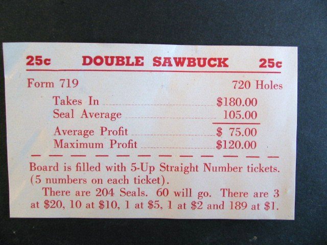 Vintage DOUBLE SAWBUCK 25 cent Punchboard NEW USA