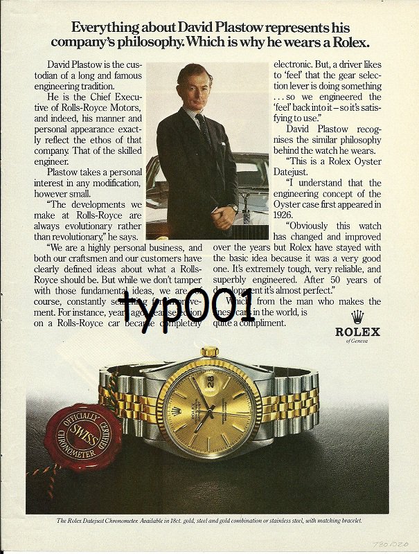 ROLEX - 1980 - DAVID PLASTROW OF ROLLS ROYCE PRINT AD - ROLEX DATEJUST