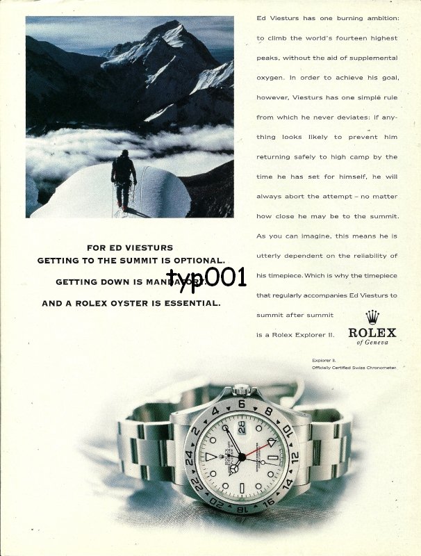 ROLEX - 1999 - MOUNTAINEER ED VIESTURS & HIS EXPLORER II PRINT AD