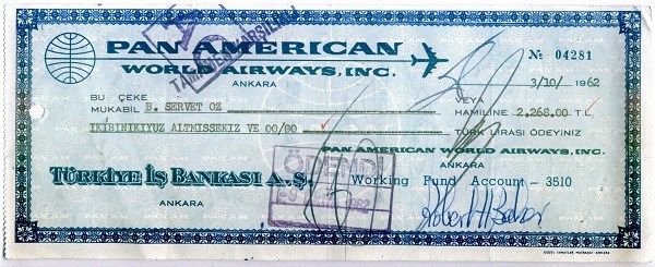 PAN AM - 1962 COMPANY CHEQUE ISBANK ANKARA TURKEY