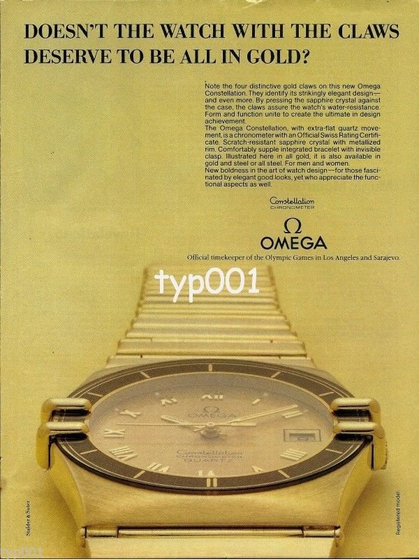 OMEGA - 1984 - THE WATCH WITH THE CLAWS DESERVE TO BE ALL IN GOLD PRINT AD