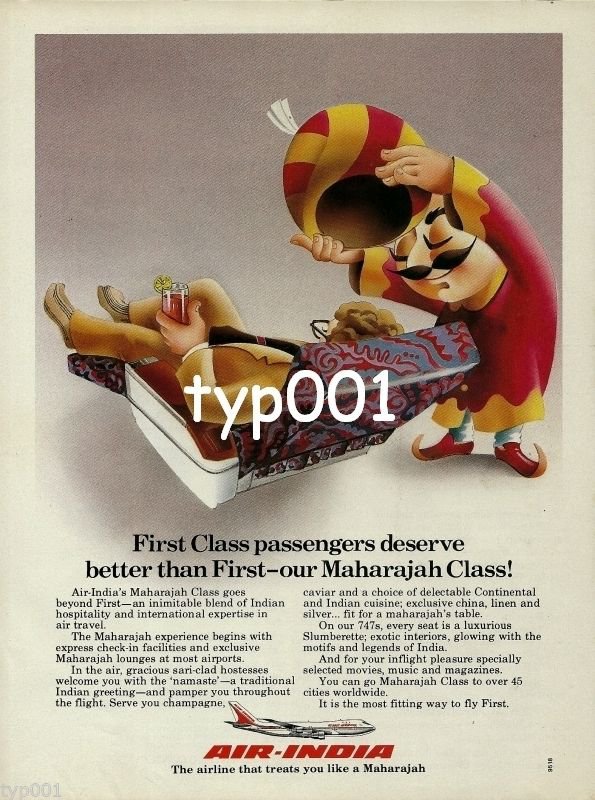 AIR INDIA - 1983 - FIRST CLASS PASSENGERS DESERVE OUR MAHARAJAS CLASS ...