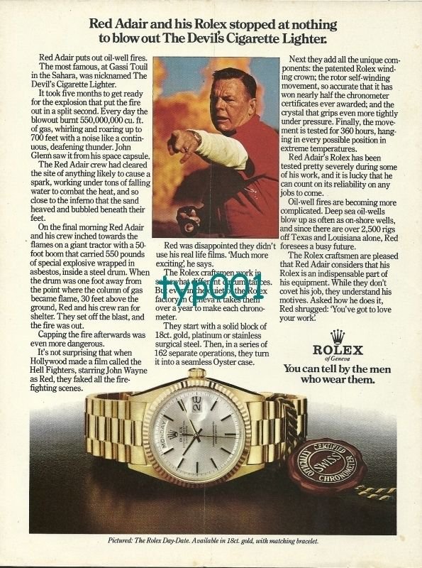ROLEX - 1974 - RED ADAIR & DEVIL'S CIGARETTE LIGHTER PRINT AD