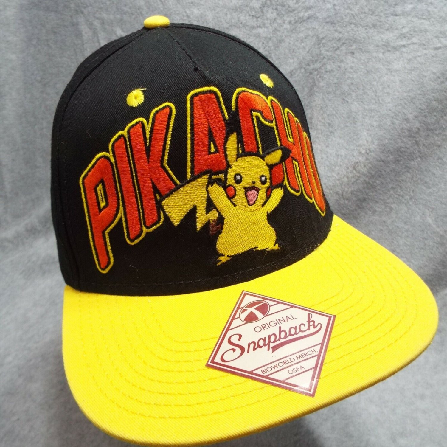 Pokemon Pikachu Embroidered Hat Cap Snapback Flatbill Black Yellow Bioworld