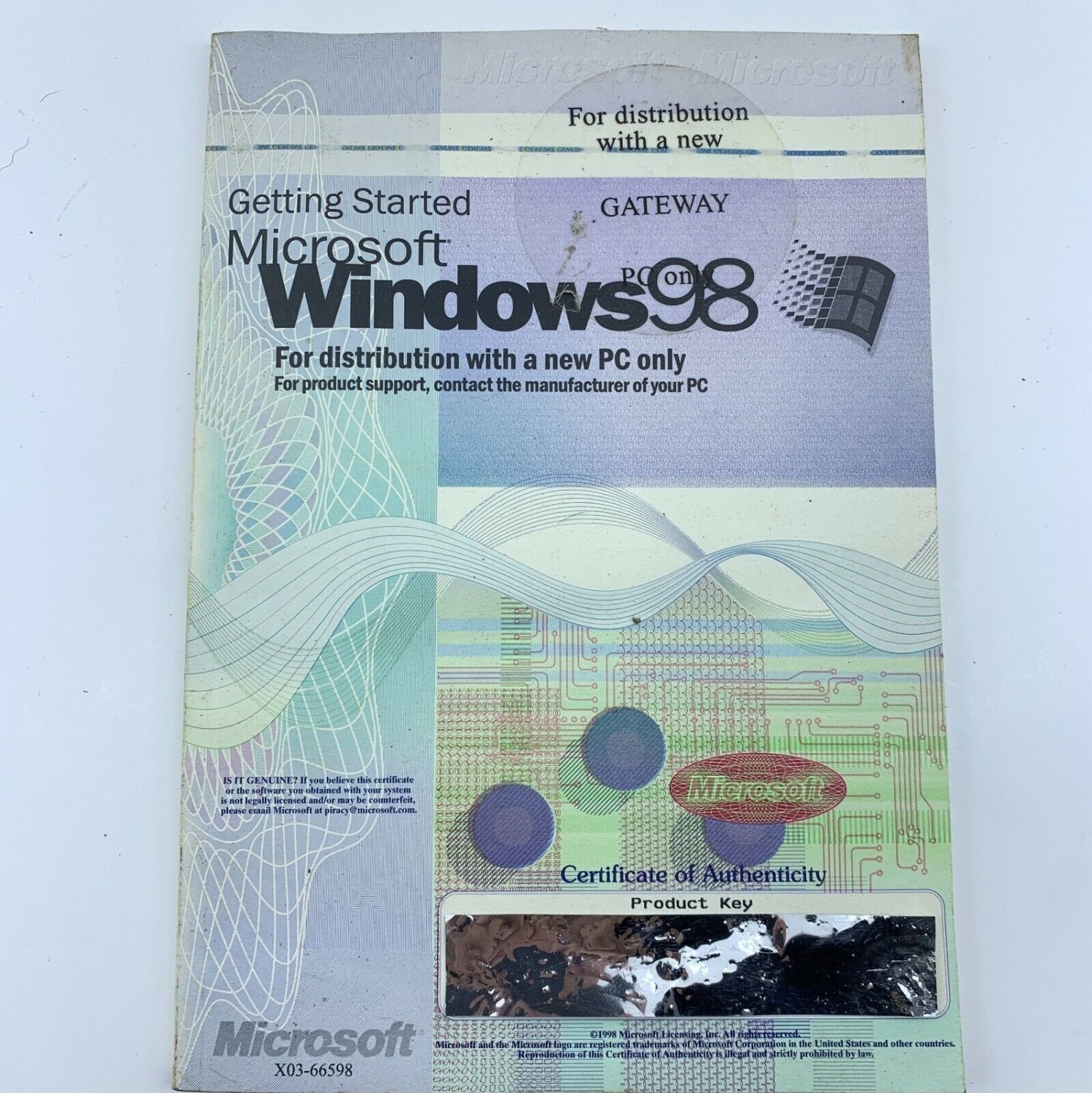 Microsoft Windows 98 Manual with Key No Disc for Gateway PC