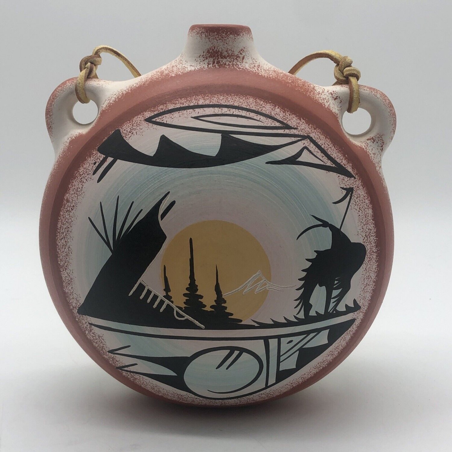 Dineh Navajo Tribe Pottery Mauve Beige Mountains Canteen Vase Signed 7.5”