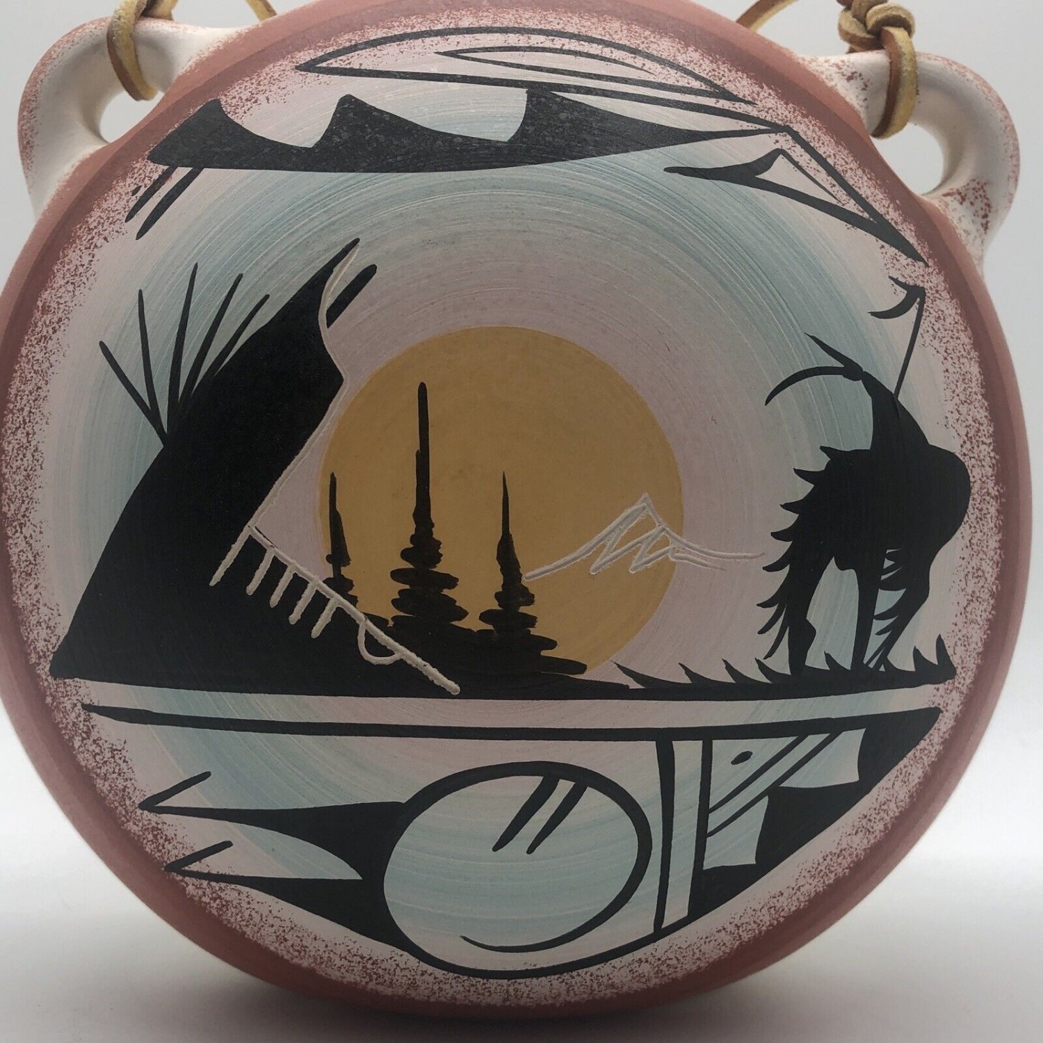 Dineh Navajo Tribe Pottery Mauve Beige Mountains Canteen Vase Signed 7.5”