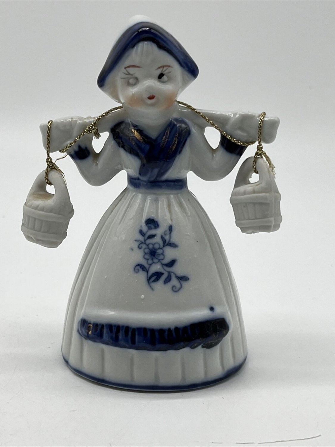 Vintage Dutch Girl Milk Maid Bell Figurine w/ Buckets Figurine Holland Blue