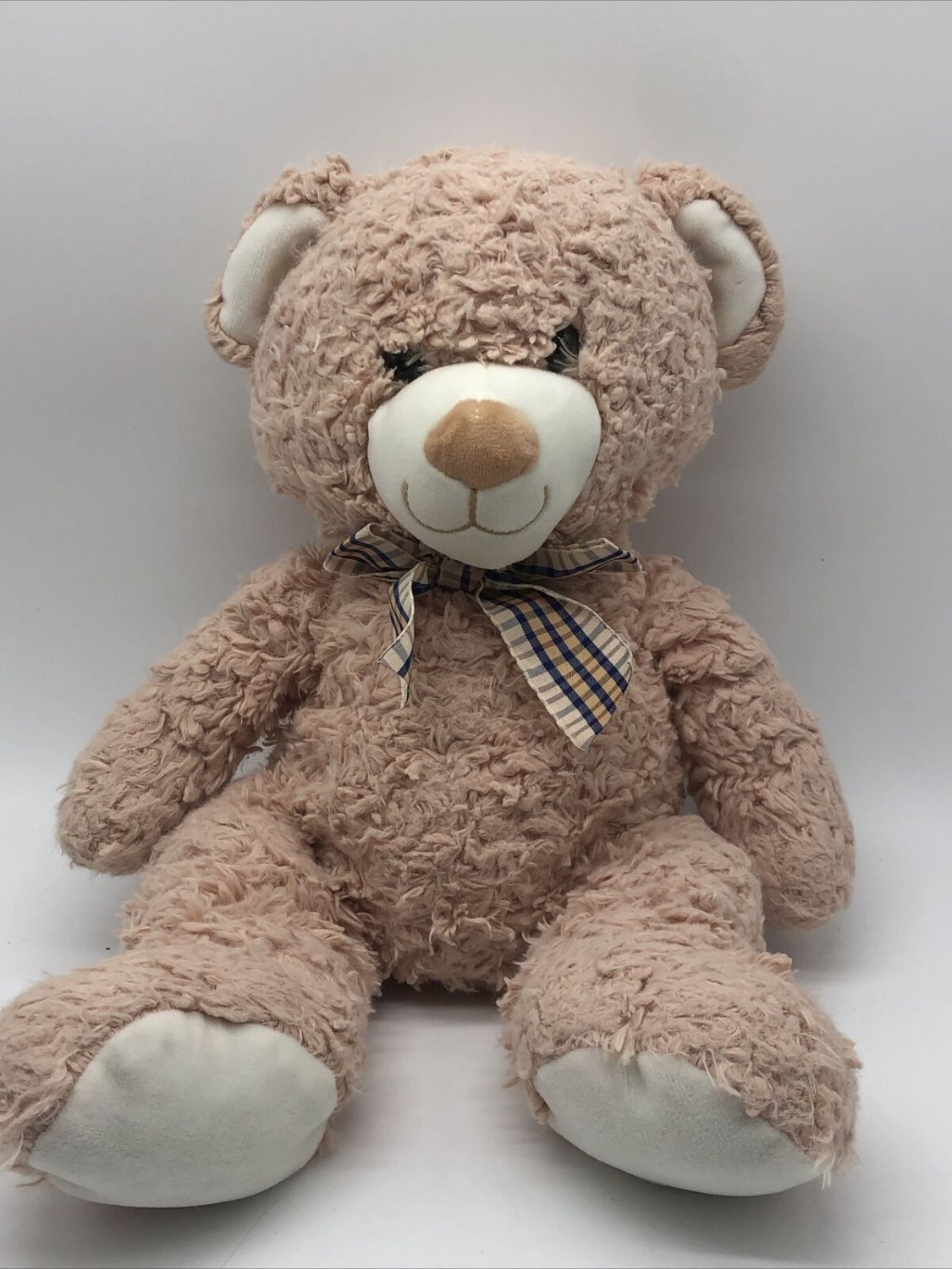 Homerbest Teddy Bear Plush Tan Stuffed Shaggy Animal Toy Plaid Bow CLEAN
