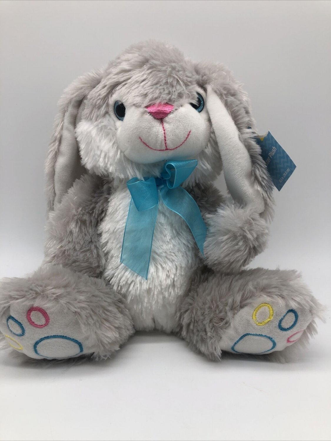 Hug Fun 12" Easter Bunny Plush 12" Rabbit Gray with blue ribbon bow NEW ...