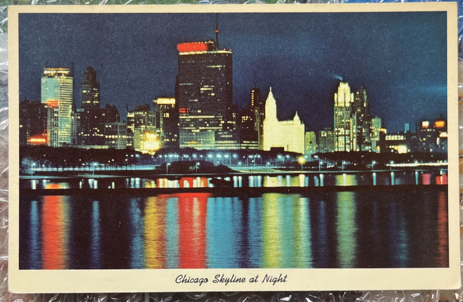 Chicago IL Skyline At Night, Vintage Linen Postcard Circa 1950s
