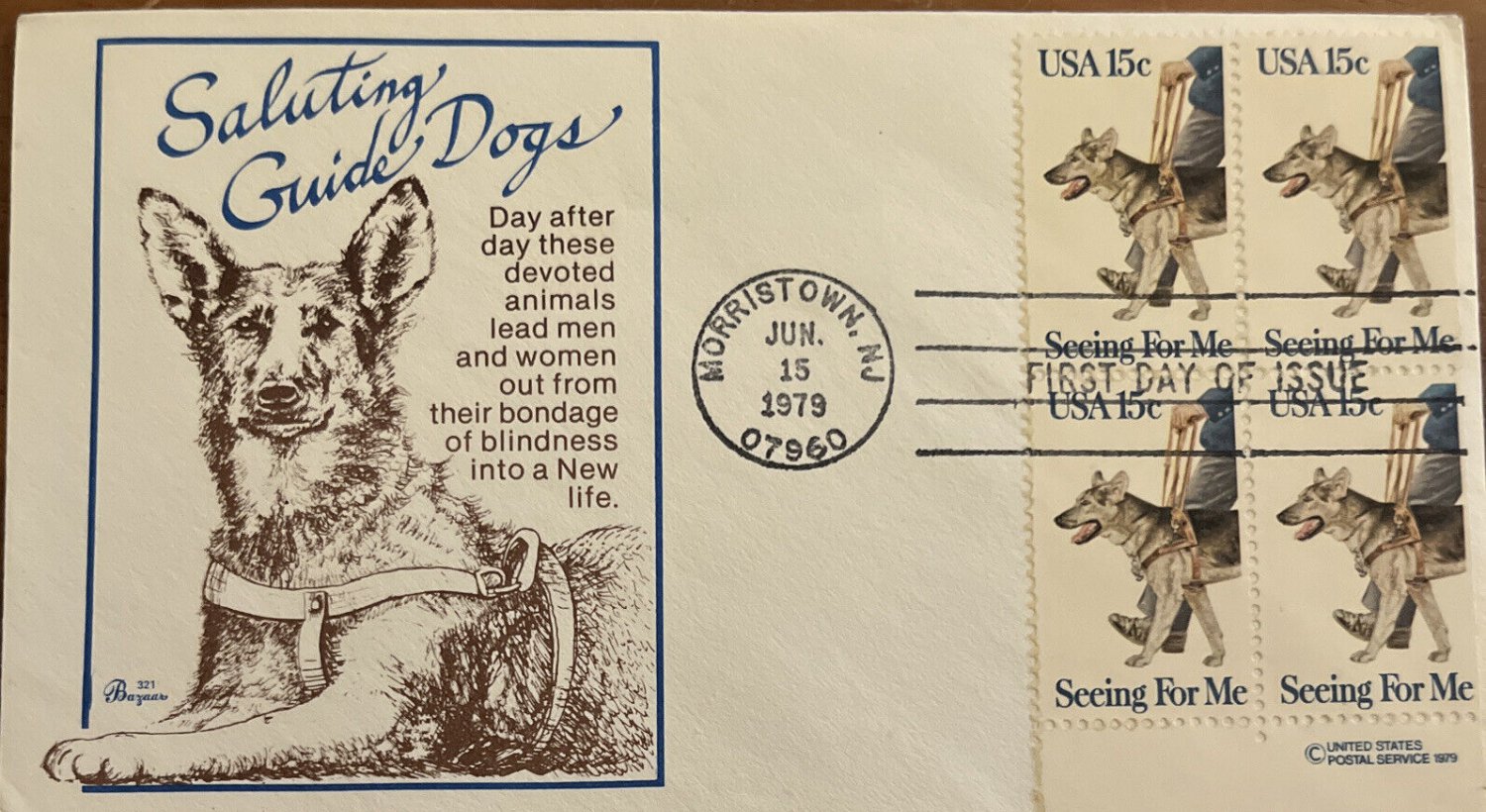 First Day Cover 1979 Saluting Guide Dogs Stamp 4 Block Cachet Morristown NJ