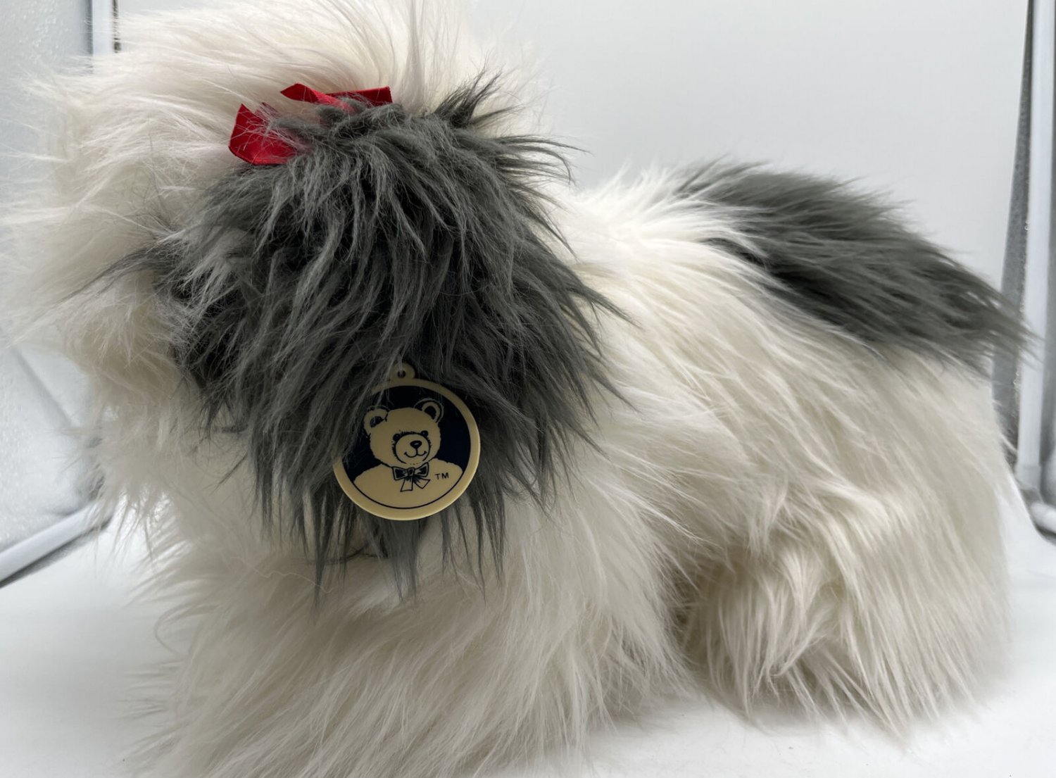 Vintage Chrisha Playful Plush Animal Shaggy Dog Sheepdog 17" White w/Black