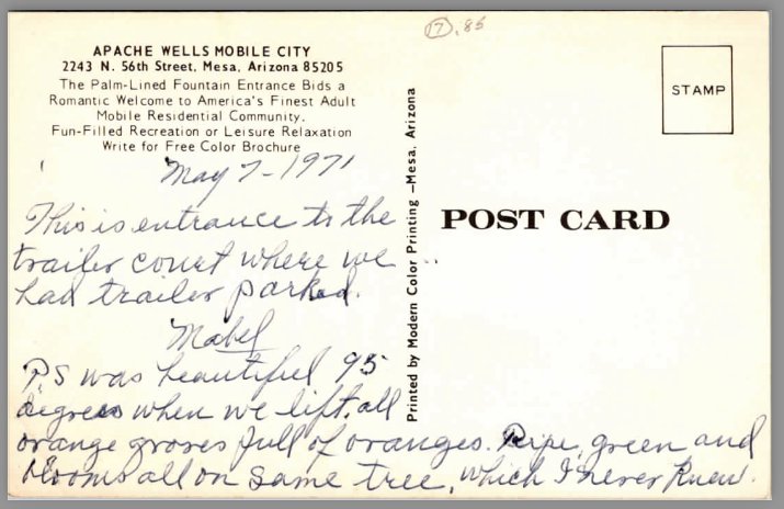 Apache Wells Mobile City Mesa Arizona Vintage 1971 Postcard