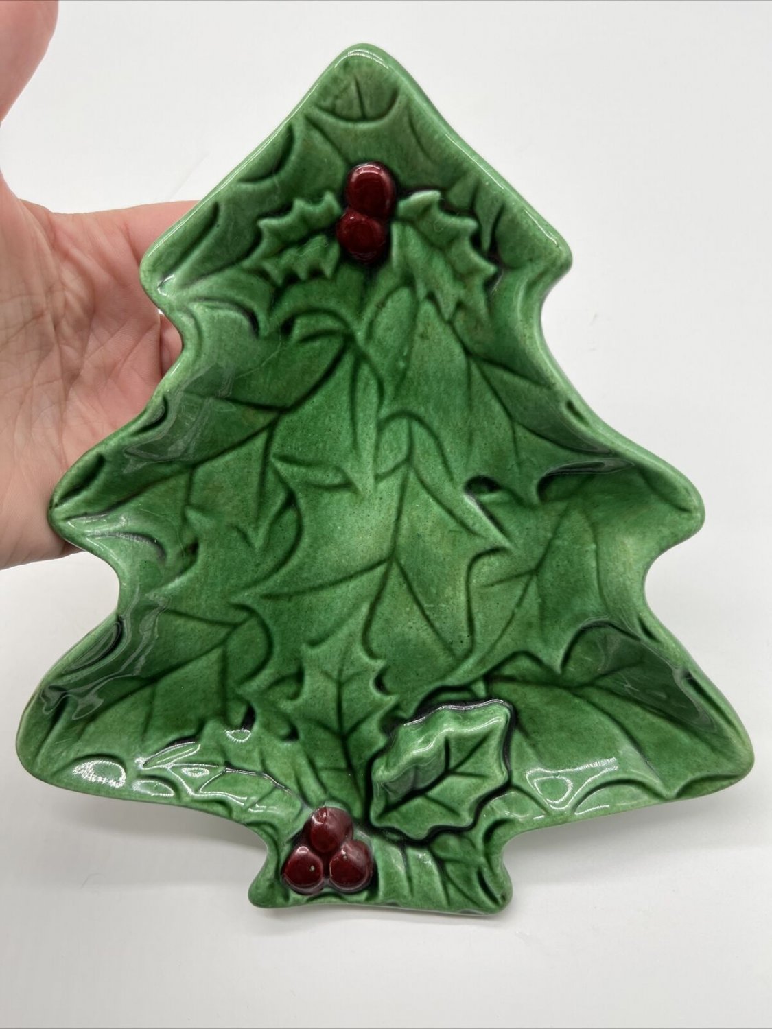 Ceramic Christmas Tree Cookie Serving Tray Holly Signed Dated 8”