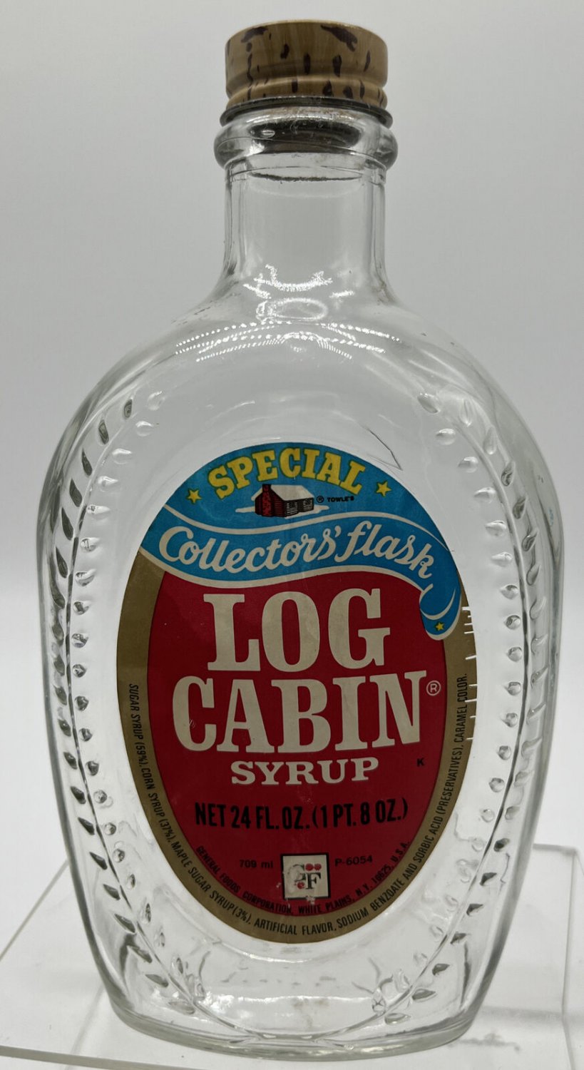 LOG CABIN SYRUP Embossed Glass BOTTLE METAL CAP BENJAMIN FRANKLIN