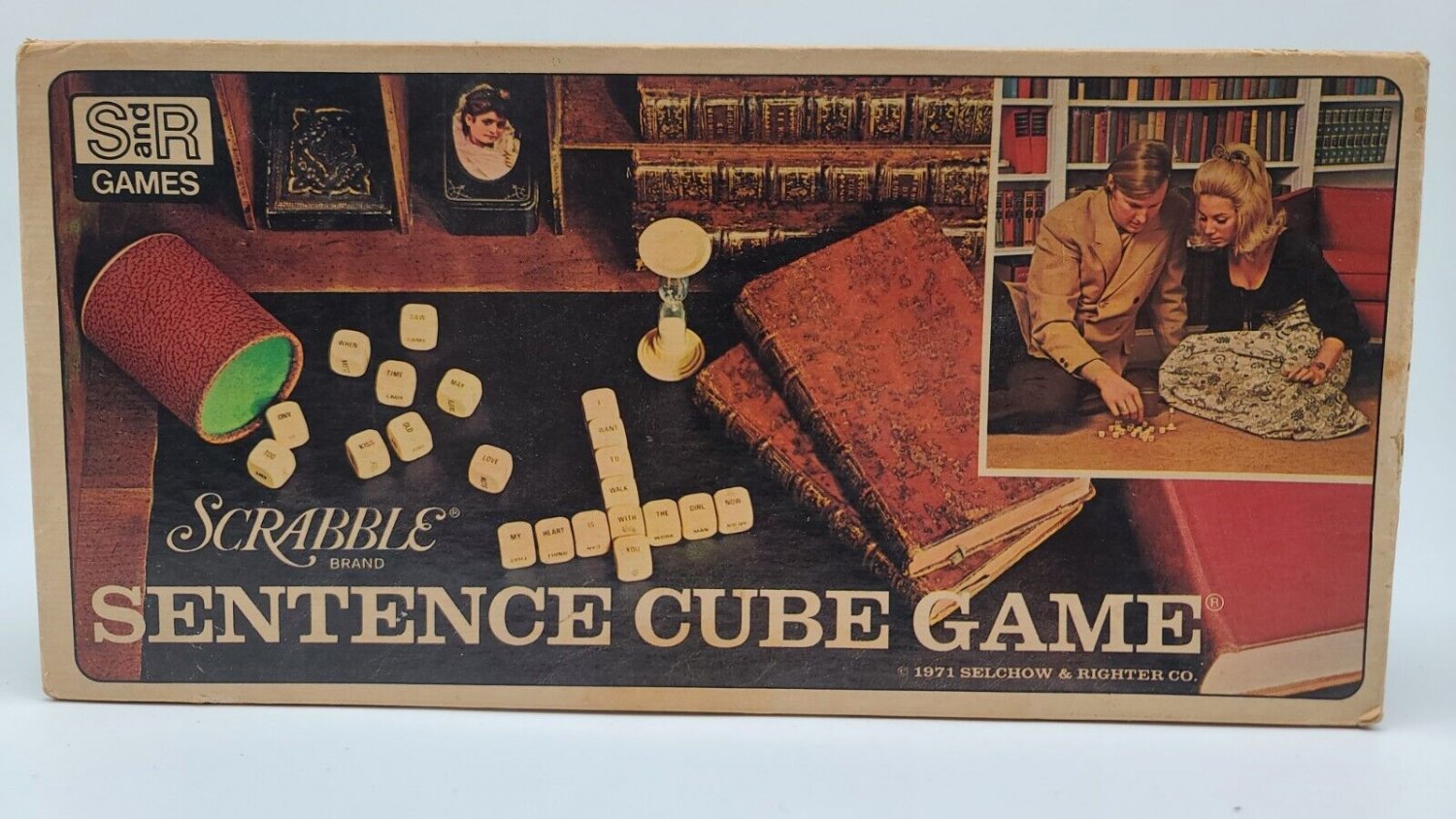Vintage 1971 "Scrabble" "Sentence Cube Game" 21 dice, Timer with ...