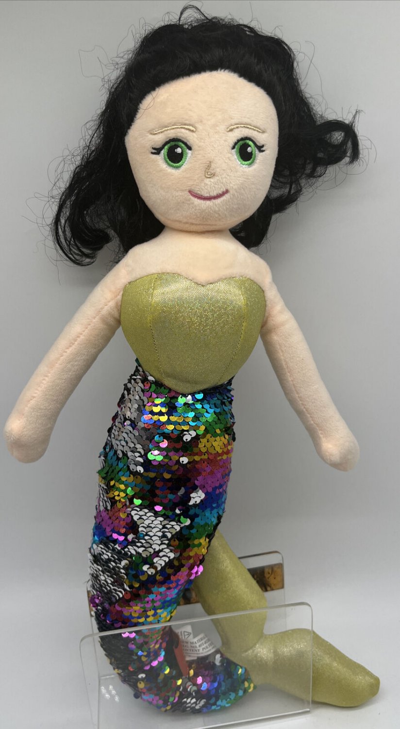 Adventure Planet Plush Sequin Mermaids BLACK HAIR & RAINBOW TAIL 18”