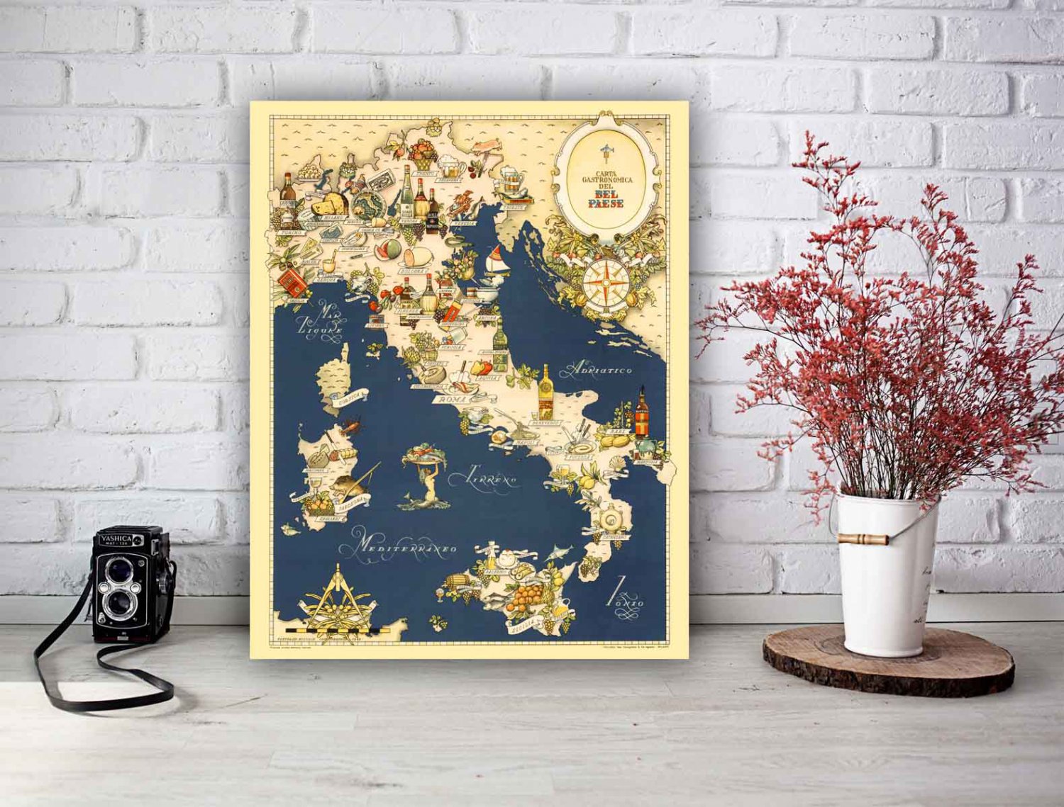 Vintage Italy Food Map, Italian Gifts, Kitchen Wall Decor