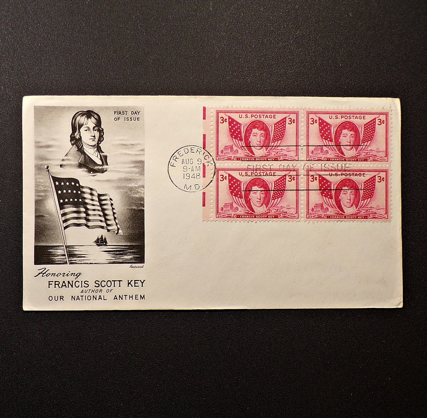#962 1948 3c Francis Scott Key Fleetwood FDC Block of 4, Frederick, Md ...