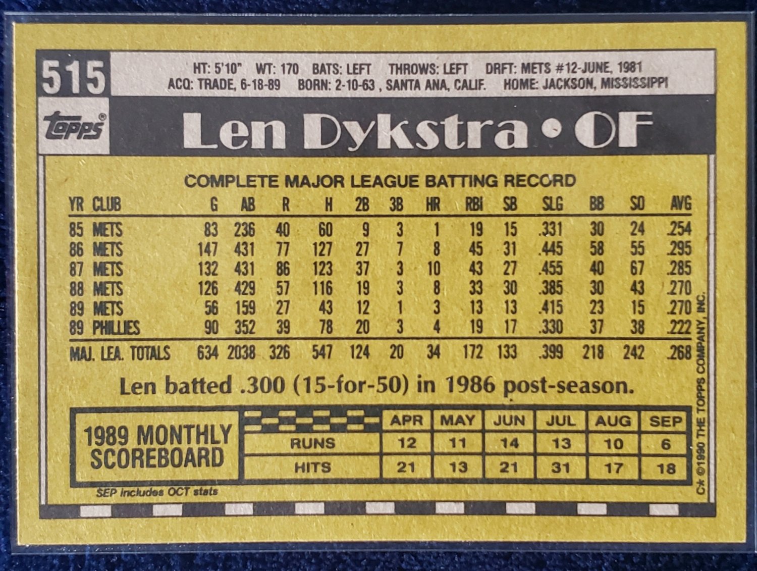 TOPPS 1990 LEN DYKSTRA PHILADELPHIA PHILLIES #515