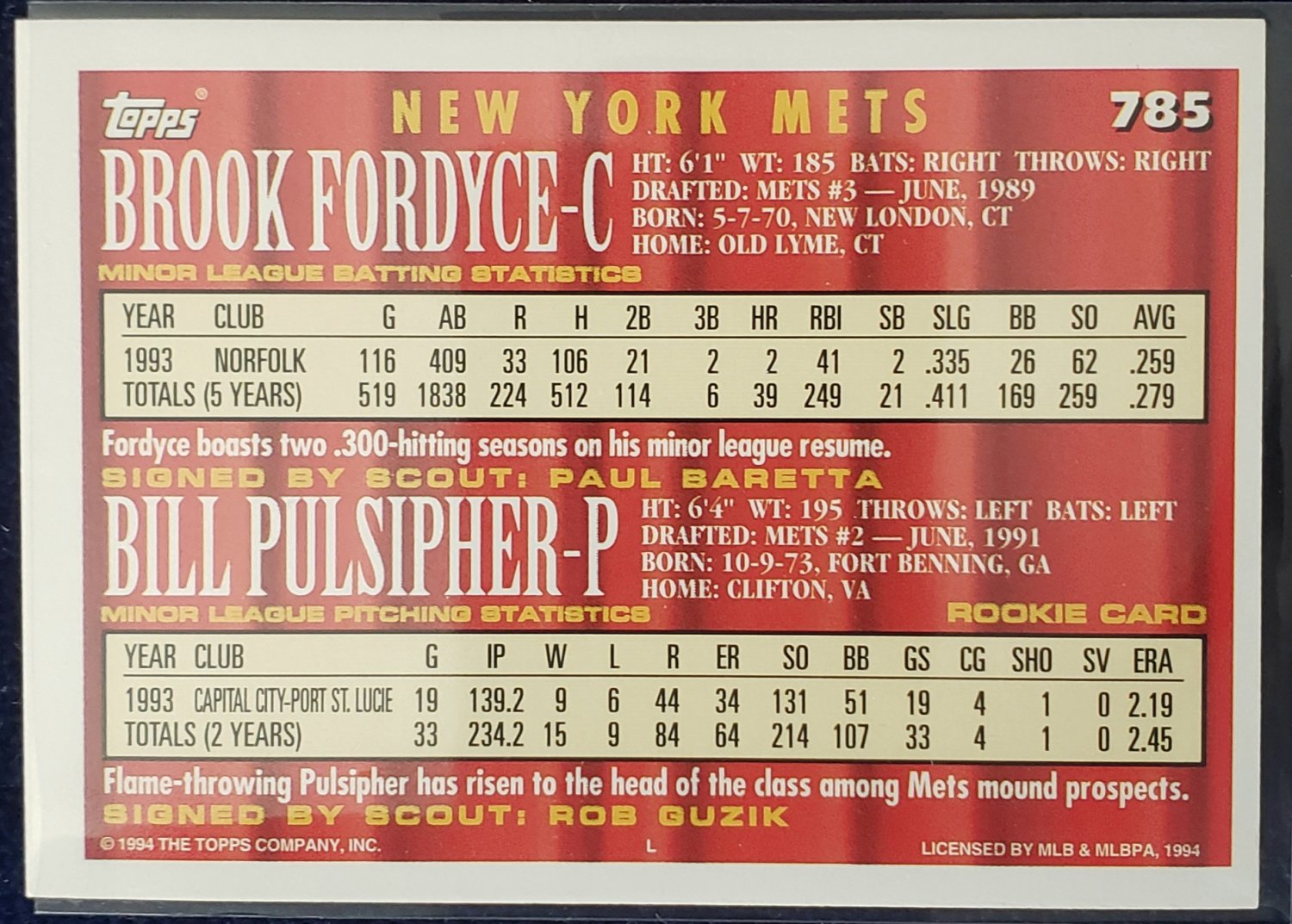 TOPPS 1994 COMING ATTRACTIONS BROOK FORDYCE BILL PULSIPHER NEW YORK ...