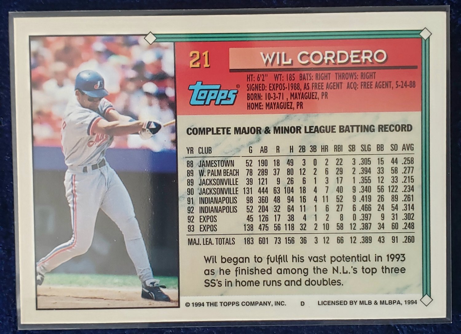 TOPPS 1994 WIL CORDERO MONTREAL EXPOS #21 ROOKIE CARD