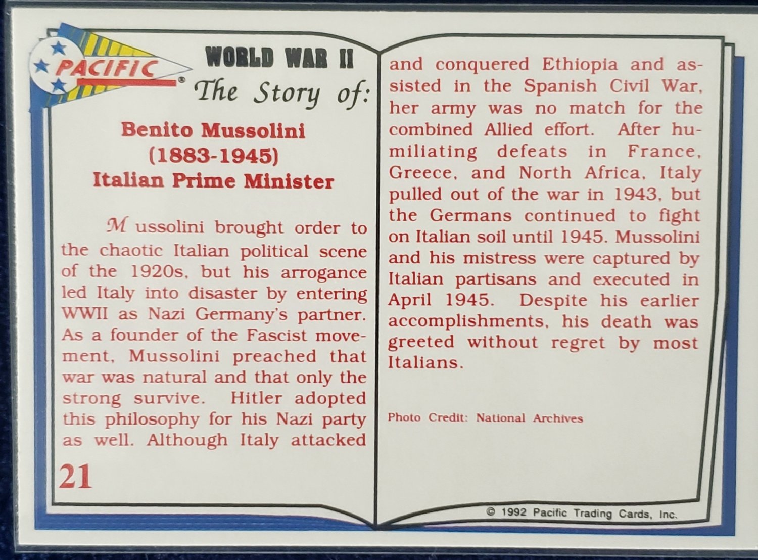 PACIFIC 1992 WORLD WAR II BENITO MUSSOLINI #21