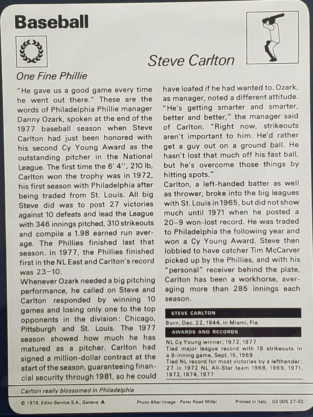 1979 SPORTSCASTER CARD STEVE CARLTON PHILADELPHIA PHILLIES HOF