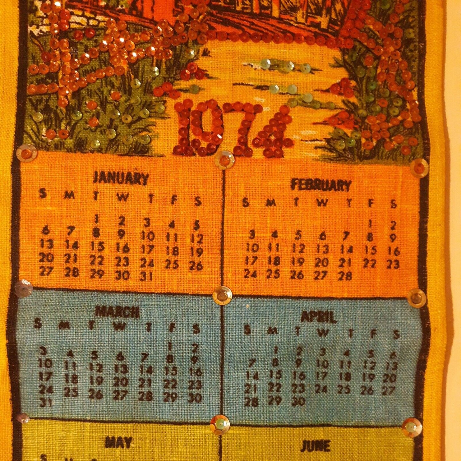 1974 Covered Bridge Linen Hanging Calendar Tea Towel colorful, sequins ...