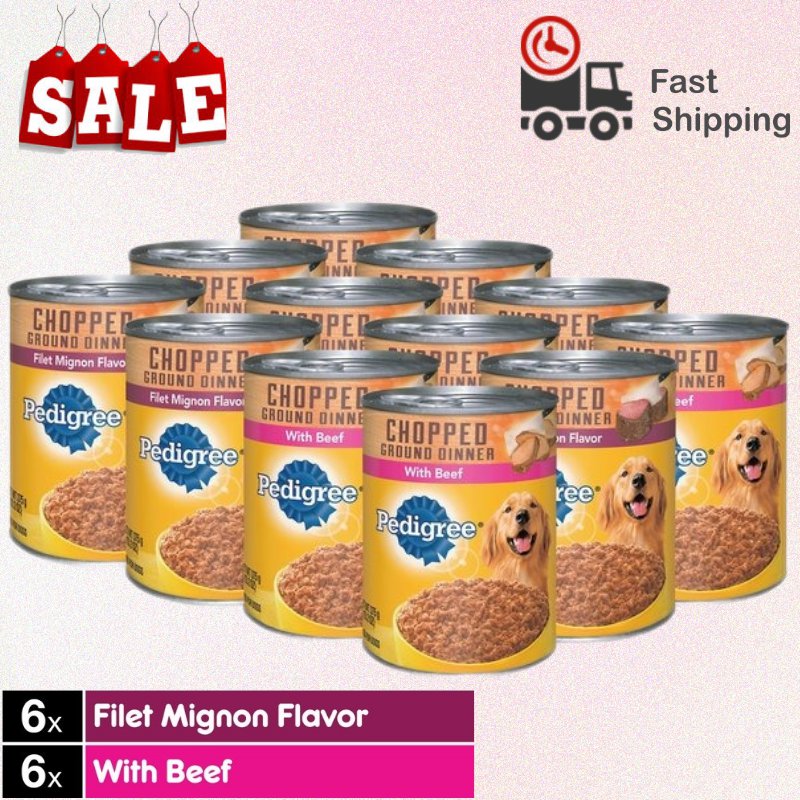 PEDIGREE CHOPPED GROUND DINNER Wet Dog Food Filet Mignon & Beef 12 Cans